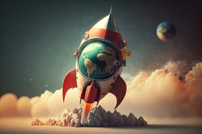 Cute Rocket with Earth View, Flying Over Planet and into Space Stock ...