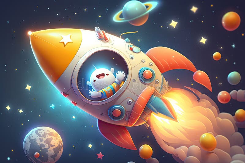 Cute Rocket Start, with Fireworks Display and Music in the Background ...