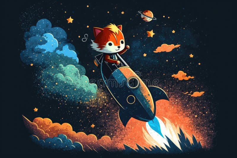 Cute Rocket Start, Flying through the Dark and Starry Night Sky Stock ...