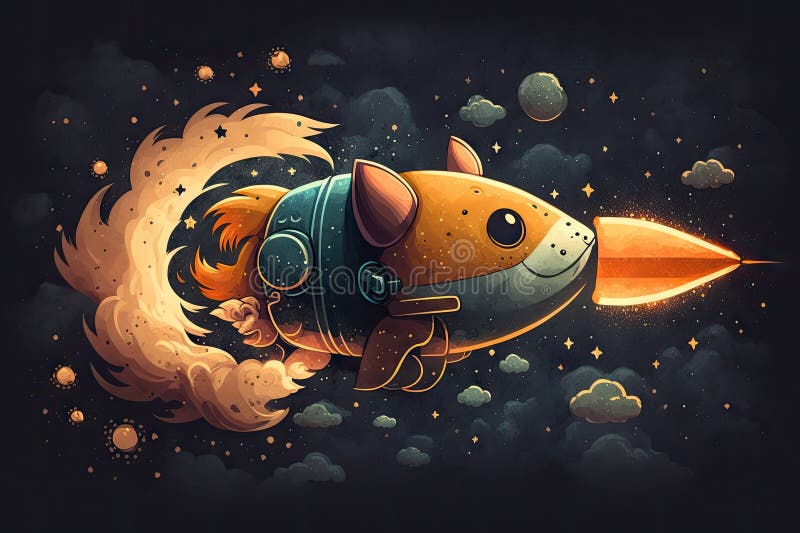 Cute Rocket Start, Flying through the Dark and Starry Night Sky Stock ...