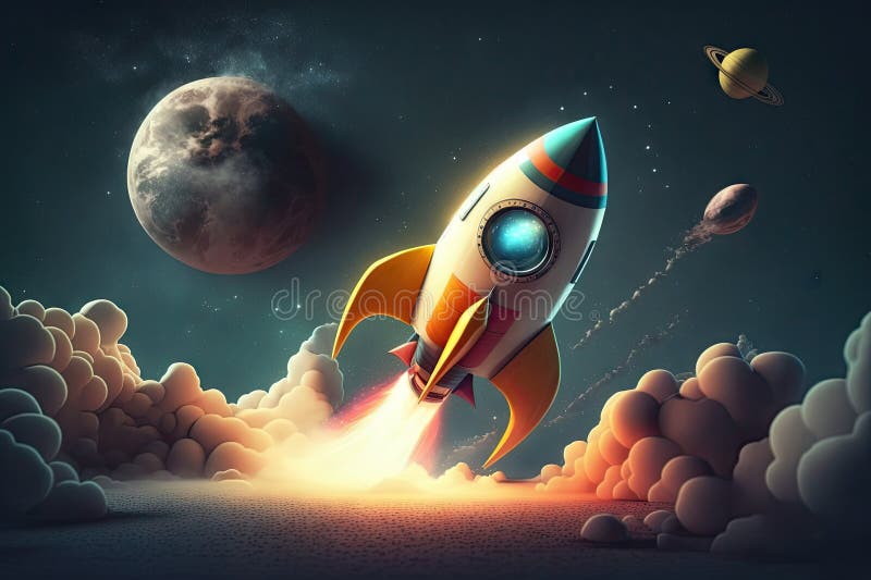 Rocket Start, with View of Space Station in the Background Stock ...