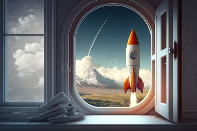 Cute Rocket Start, Flying through the Dark and Starry Night Sky Stock ...