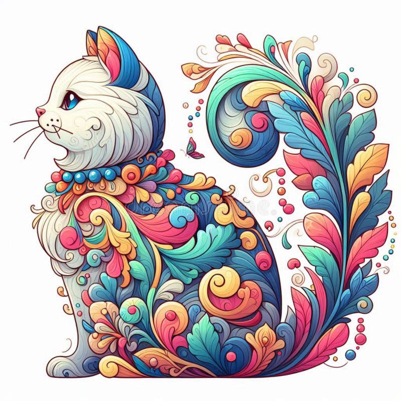 Cute Rococo Curves Illustration of Cat on White Background Stock ...