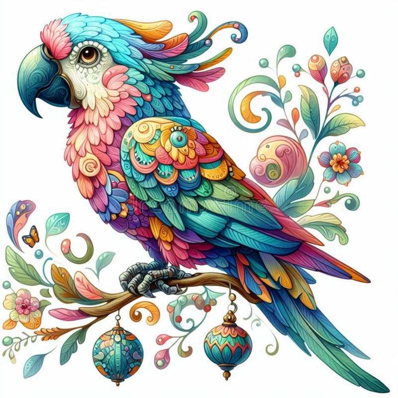 Cute Rococo Curves Illustration of Parrot on White Background Stock ...