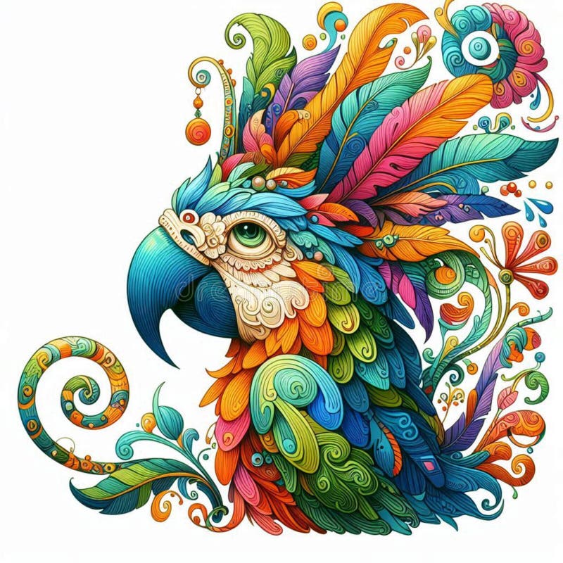 Cute Rococo Curves Illustration of Parrot on White Background Stock ...