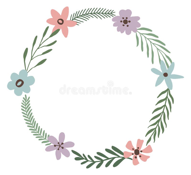 Cute Round Frame with Pink Flowers and Leaves on White Stock Vector ...