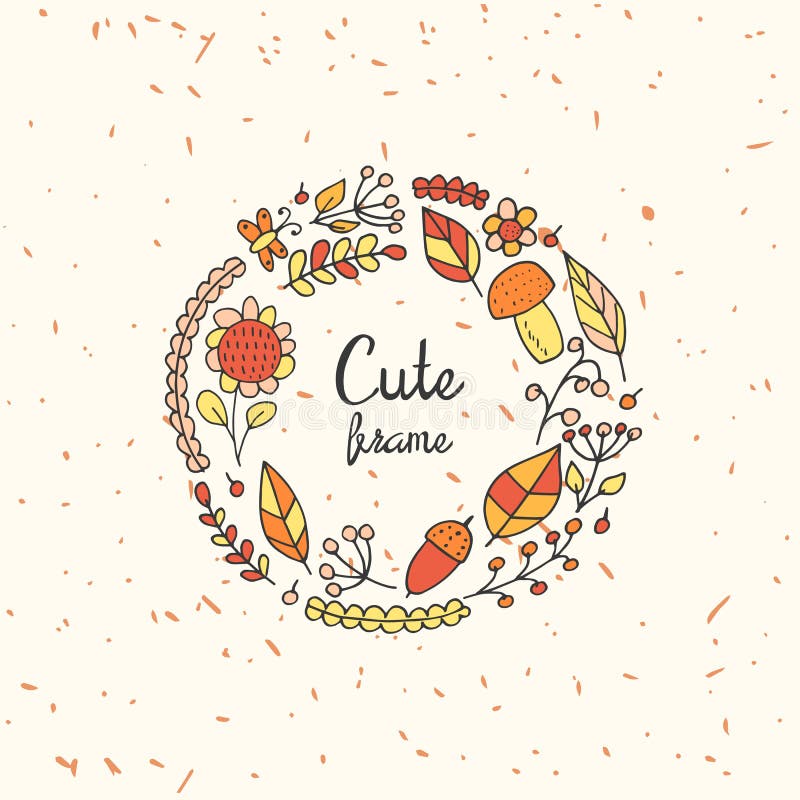 Cute Round Frame with Forest Elements, Leaves, Flowers Stock Vector ...