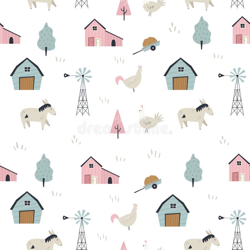 Cute Rural Scene with Barn, Trees, Funny Animals, Plants Stock Vector ...