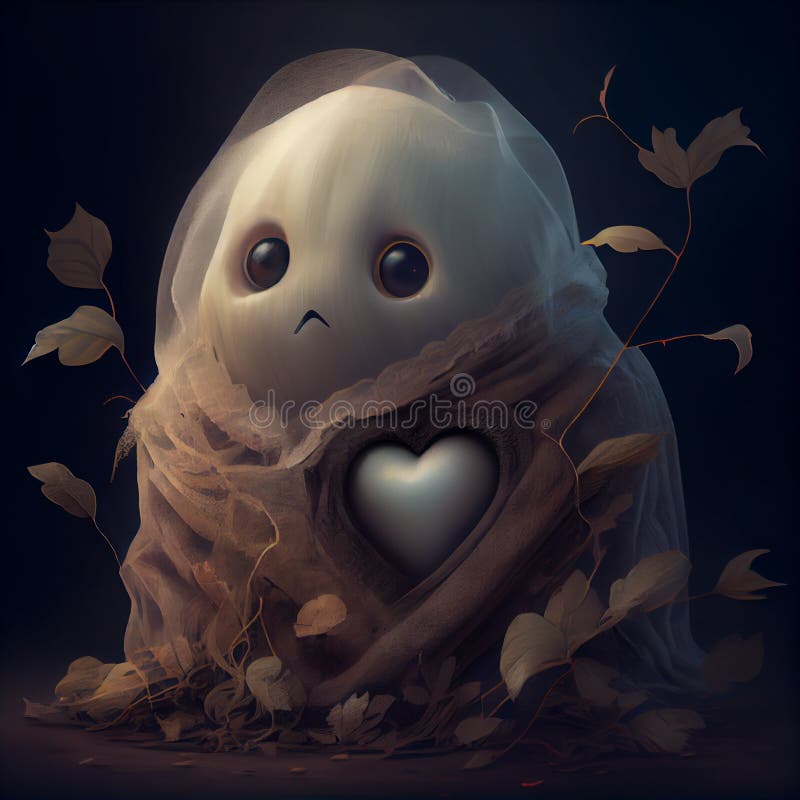 Cute Sad Alone Ghost with Heart Stock Illustration - Illustration of ...