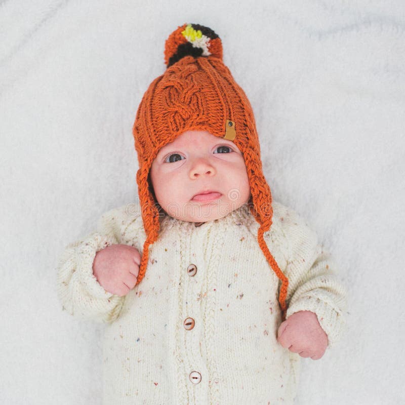 Cute Kid in Knitted Orange Color Hat Stock Photo - Image of hipster ...