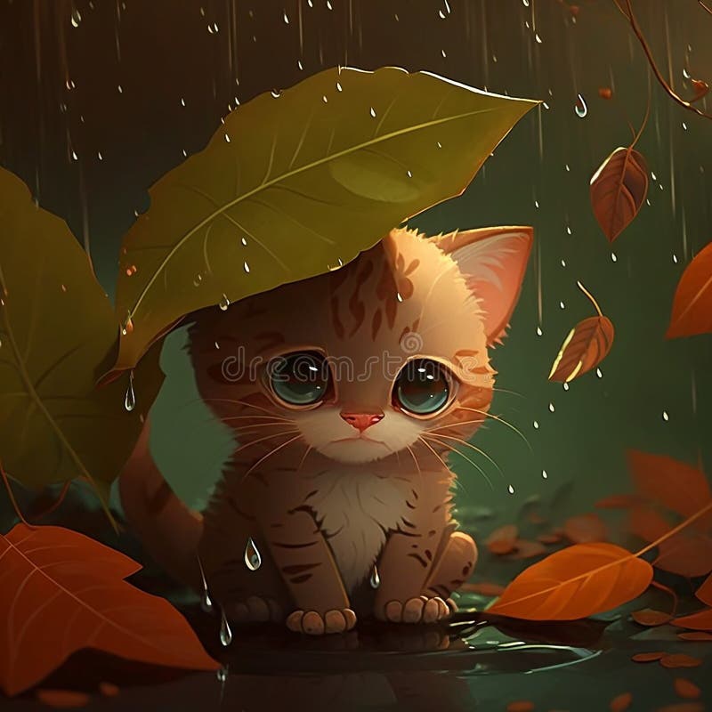 Cute Sad Kitten Under Leaf in Rainy Day 1 Stock Illustration ...