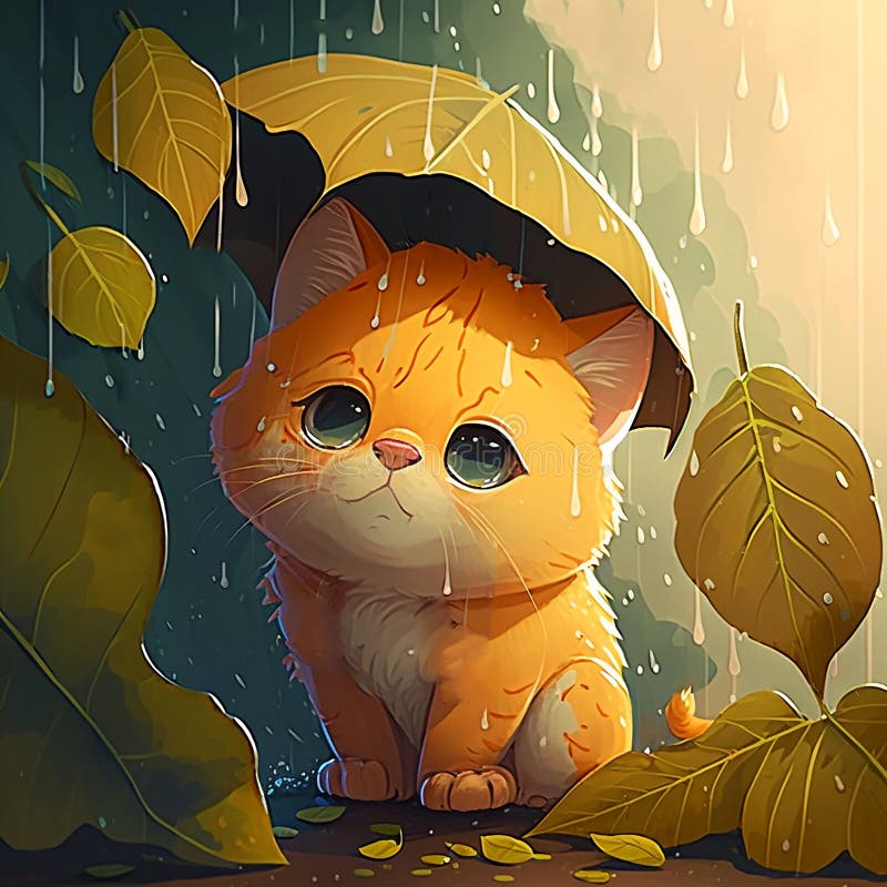 Cute Sad Kitten Under Leaf in Rainy Day 2 Stock Illustration ...