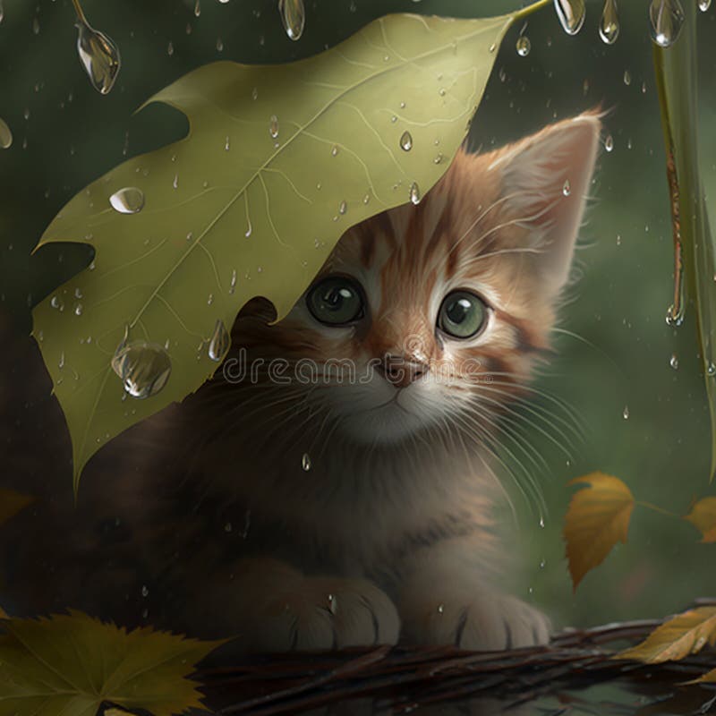 Cute Sad Kitten Under Leaf in Rainy Day 3 Stock Illustration ...