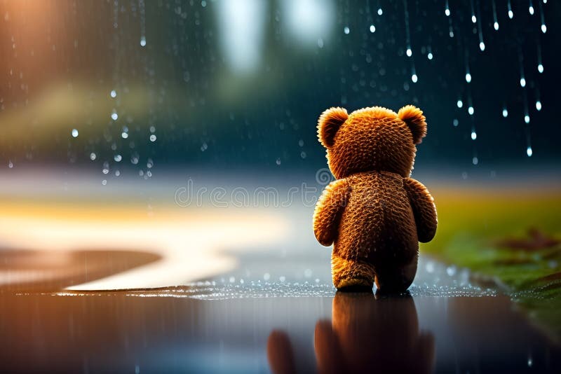 A Cute Sad Teddy Bear Standing in the Rain Stock Illustration ...