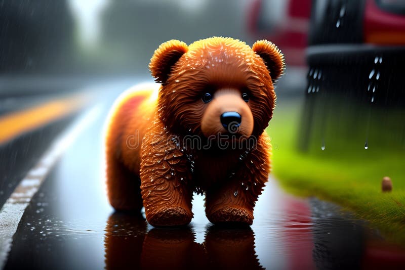 A Cute Sad Teddy Bear Walking in the Rain Stock Illustration ...