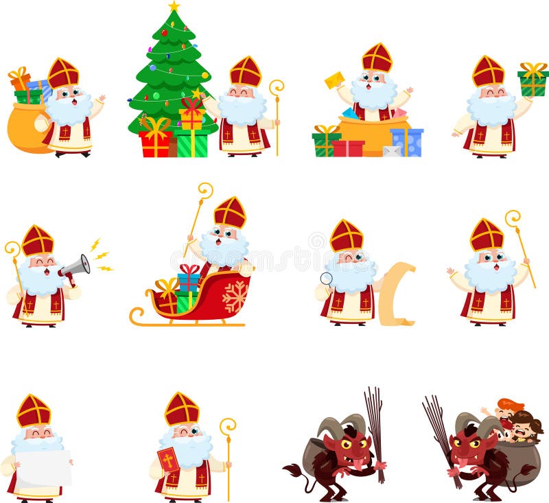 Cute Saint Nicholas and Krampus Cartoon Characters. Vector Flat Design ...