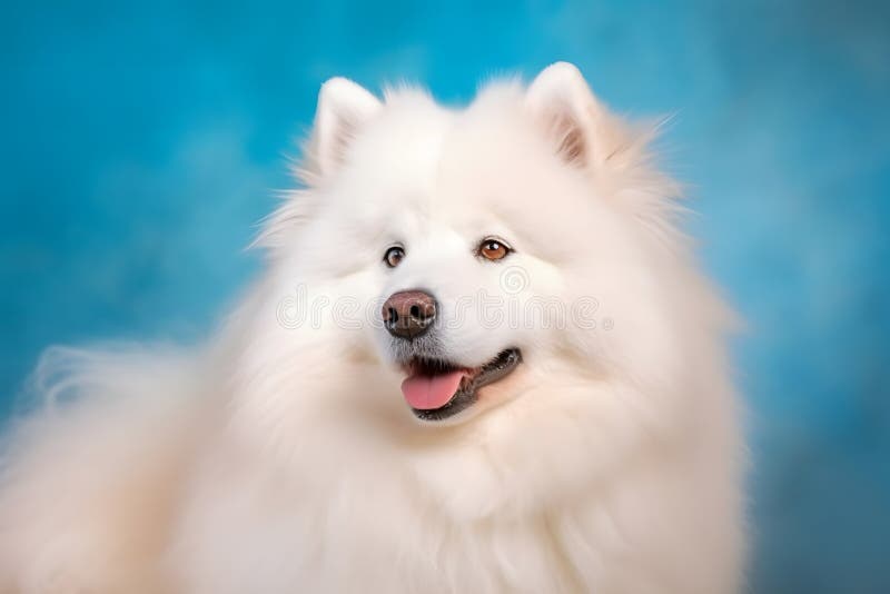 Cute Samoyed Dog on Blue Color Background. Neural Network AI Generated ...