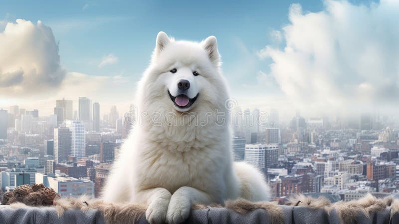 Cute Samoyed Dog Sitting on the Window with Cityscape Background Stock ...