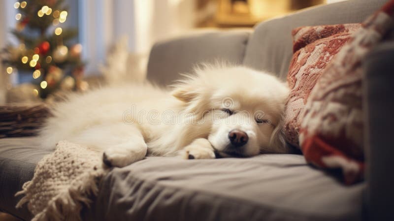 Cute Samoyed Dog Sleeping on Sofa in Living Room at Home Stock ...