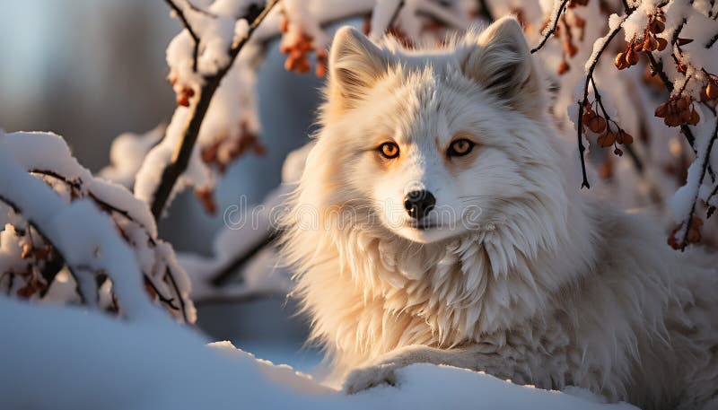 Cute Samoyed Puppy Playing in Snowy Forest, Looking at Camera Generated ...