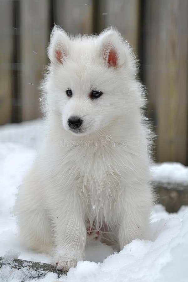 Cute Samoyed Puppy in Snowy Setting, Displaying Playful Demeanor with a ...