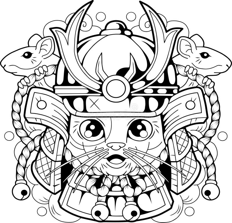Cute Samurai Cat, Outline Illustration Stock Vector - Illustration of ...