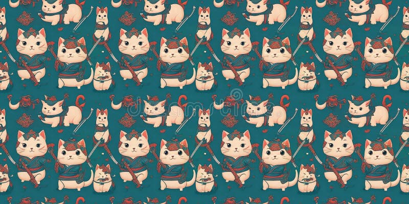 Cute Samurai Kittens Seamless Pattern Stock Photo - Image of tabby ...