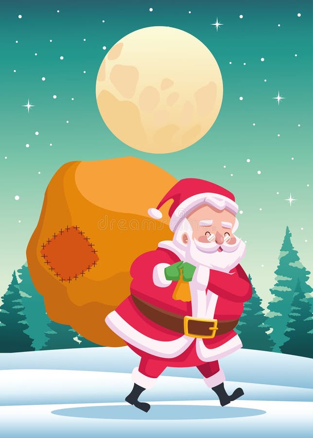 Cute Santa Claus with Giftbag at Night Scene Stock Illustration ...