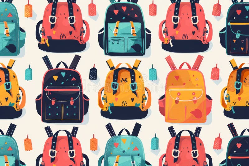 Cute School Backpacks Seamless Pattern, Colorful, Vector Illustration ...