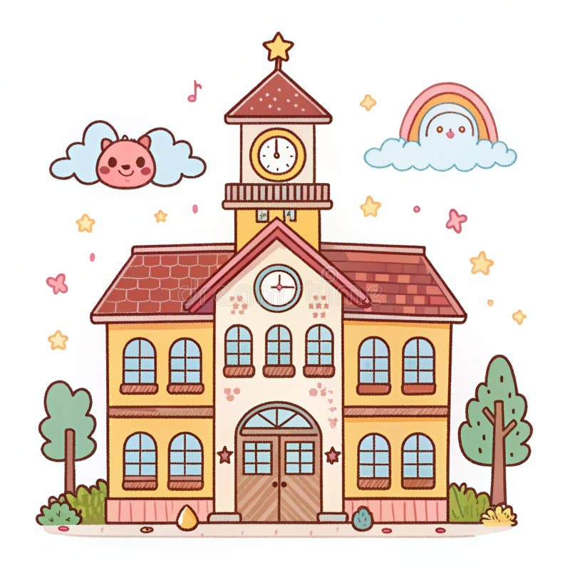 Cute School Building Illustration, Fantasy Setting, Rainbow, Stars ...