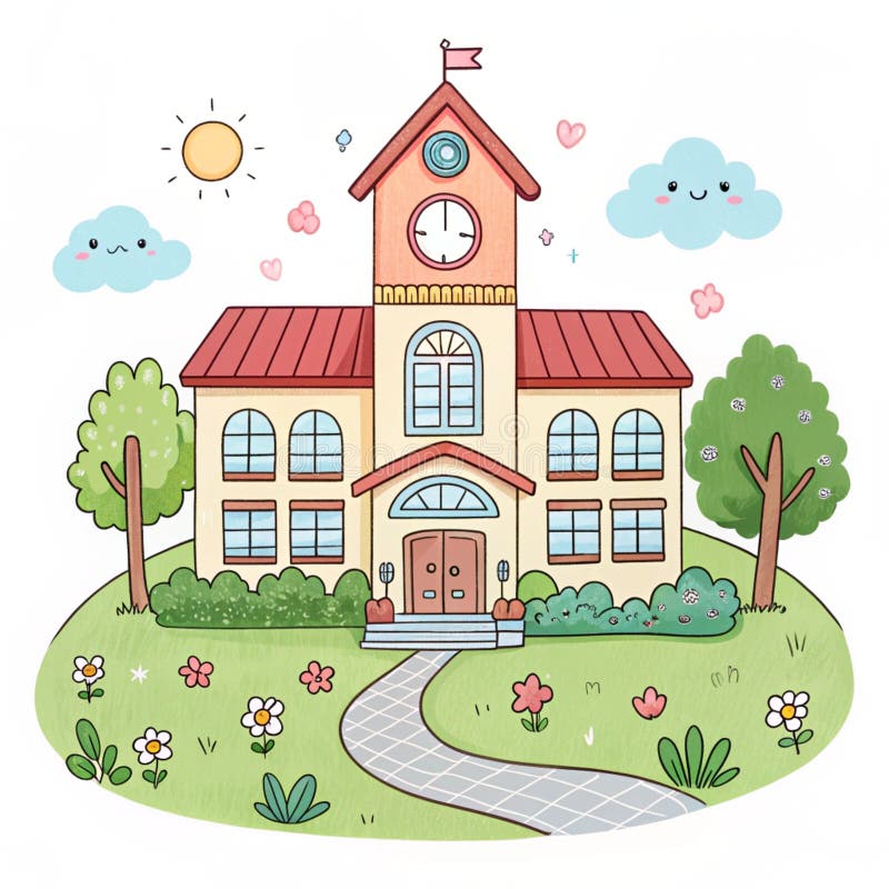 Cute School Building Illustration, Sunny Day, Happy Clouds, Springtime ...