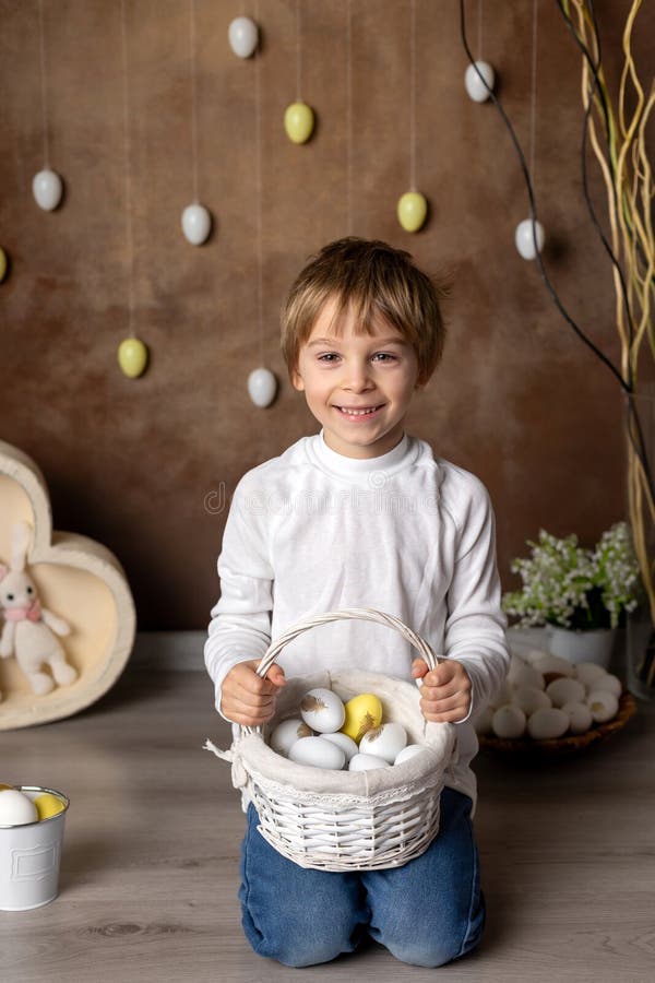 Cute School Child, Boy, Holding Basket with Easter Eggs on Easter ...