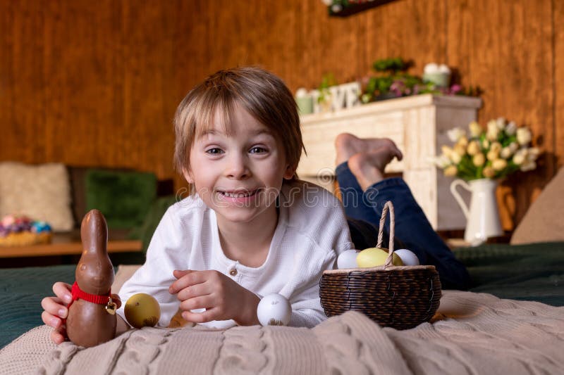Cute School Child, Boy, Holding Basket with Easter Eggs on Easter ...
