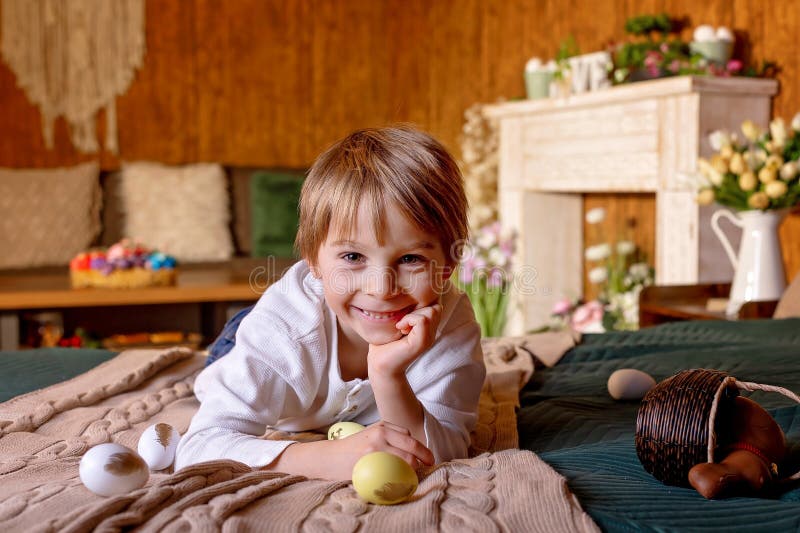 Cute School Child, Boy, Holding Basket with Easter Eggs on Easter ...