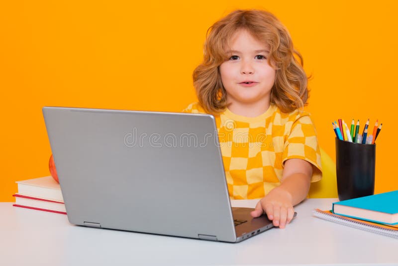 Cute School Child Using Laptop Computer. School Kids. Child from ...