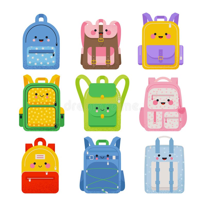 Cute School Kids Backpack Set. Flat Vector Illustrations in Kawaii ...