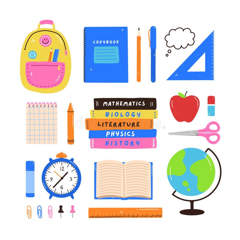 Cute School Set in Doodle Cartoon Style Stock Vector - Illustration of ...