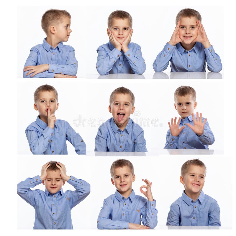Cute Boy, Set of Different Emotions, Collage on White Background Stock ...