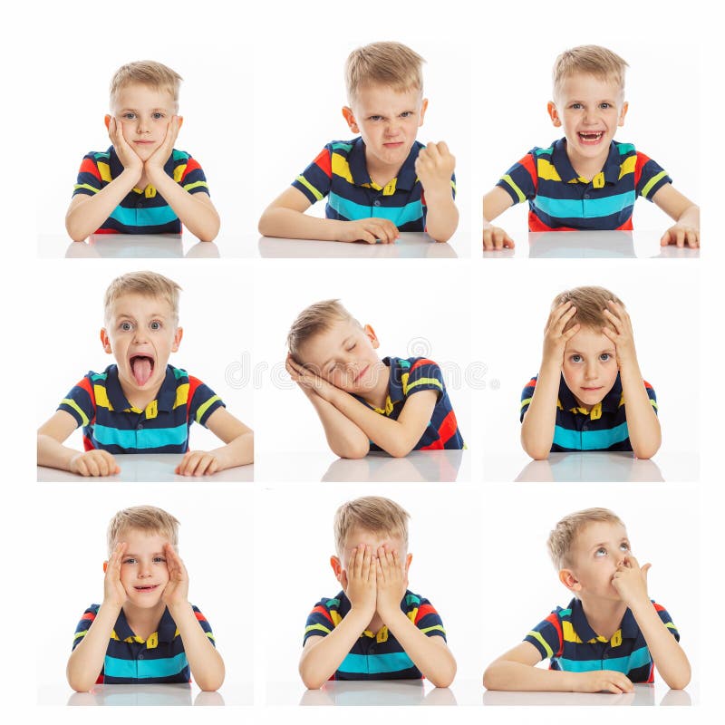 Cute Boy, Set of Different Emotions, Collage on White Background Stock ...