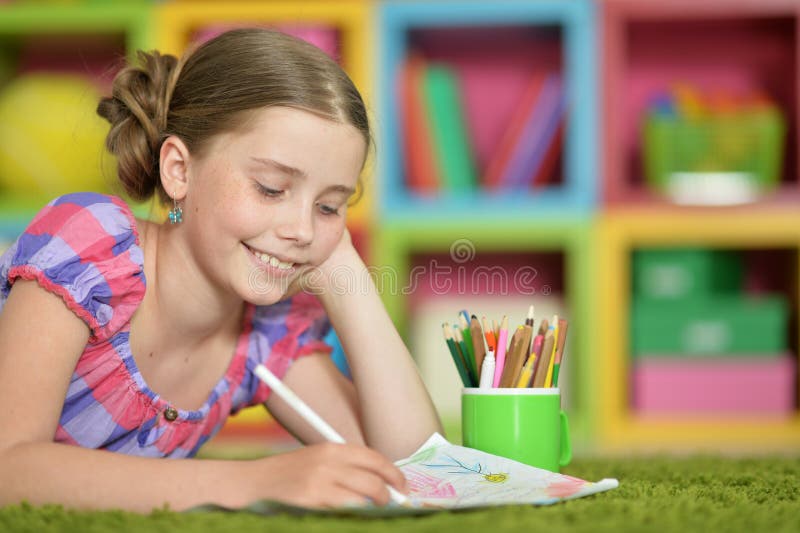 Cute Schoolgirl Doing Homework Stock Image - Image of people, color ...