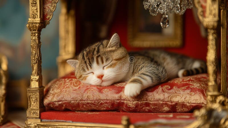 Cute Scottish Fold Cat Napping on a Silk Pillow Inside a Miniature Cat ...