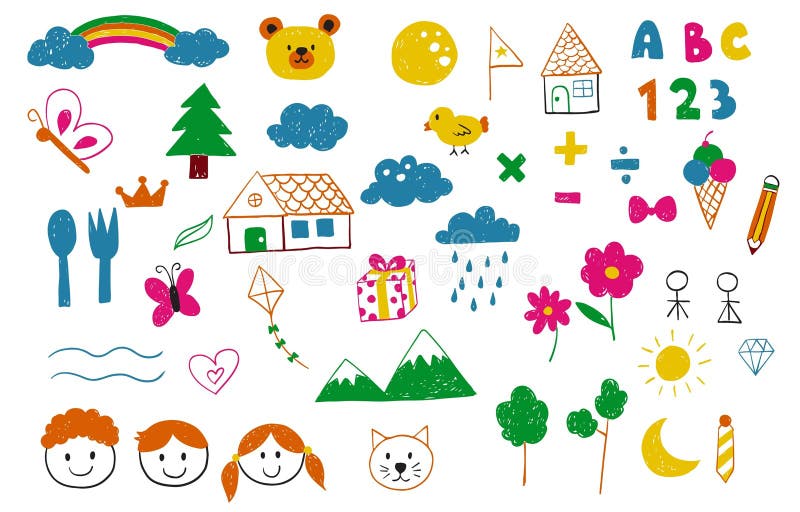 Cute Scribble Element Object with Bear,tree,rainbow,123,abc,flower ...