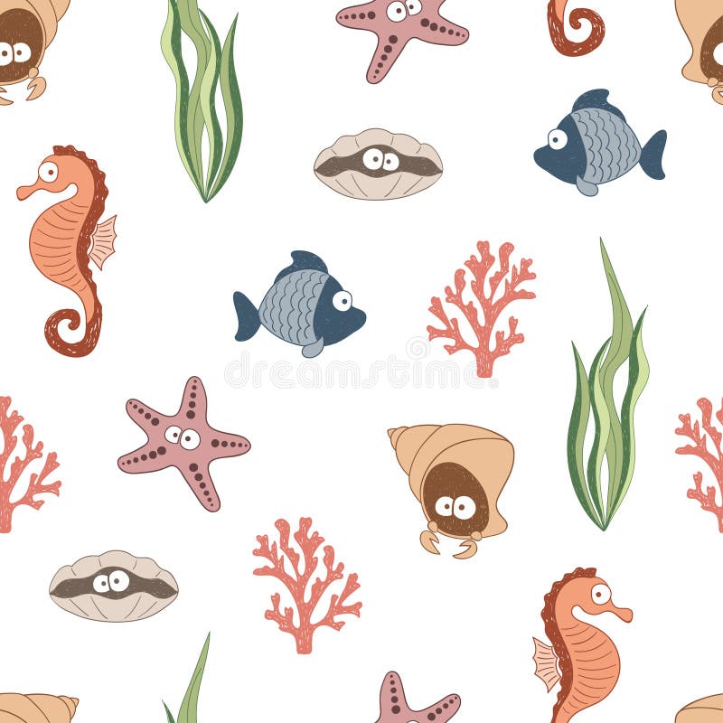Cute Sea Animals Seamless Pattern. Children Drawings, Underwater Life ...
