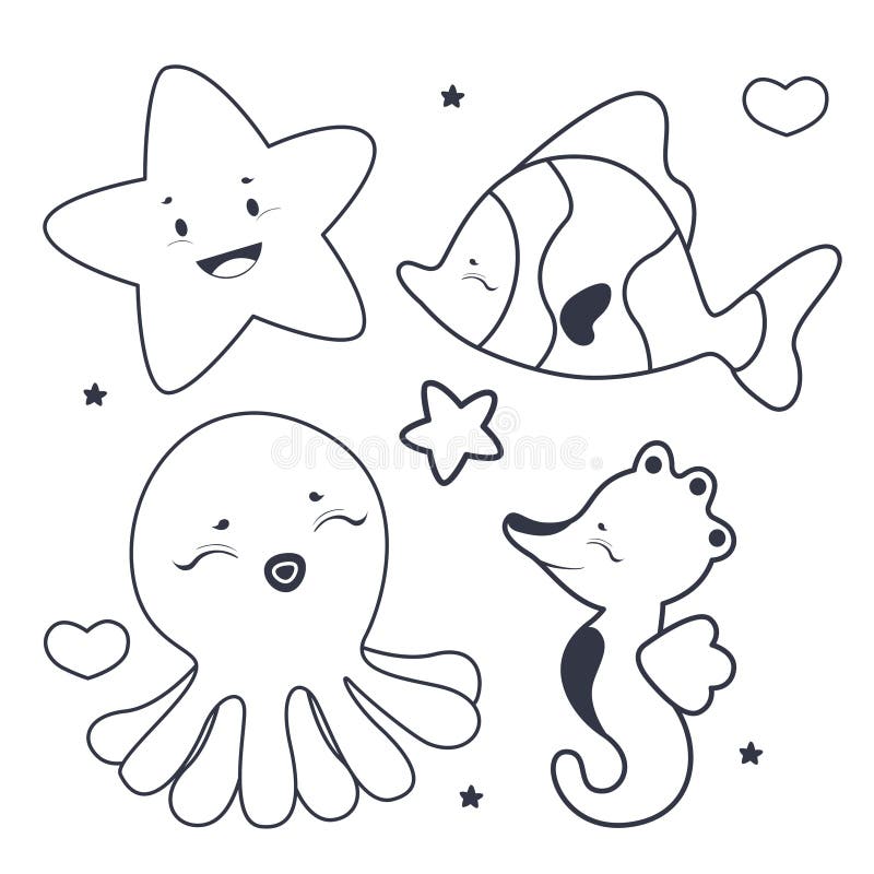 Cute Sea Characters Coloring Book Stock Vector - Illustration of fish ...