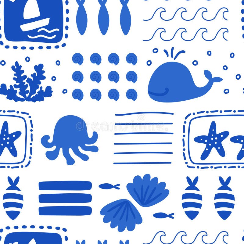 Cute Sea Creatures Patchwork Seamless Pattern in Blue and White. Vector Summer Vacation ...