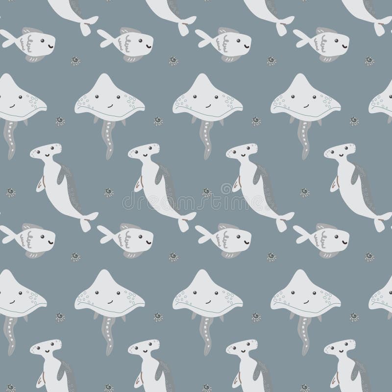 Cute Sea Creatures Pattern with Rays and Sharks on Blue Background ...