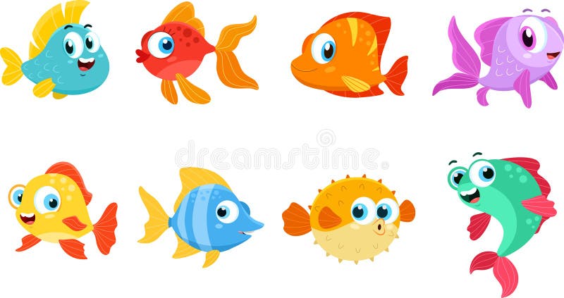 Cute Sea Fish Cartoon Character. Vector Flat Design Collection Set ...