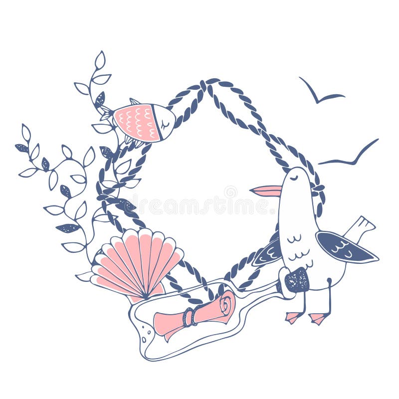 Cute Sea-themed Frame with a Cute Funny Seagull with Shells and Fish ...