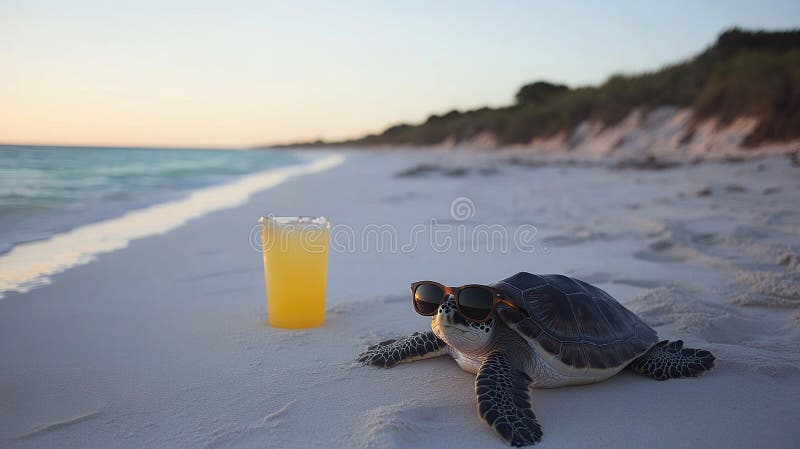 Cute Sea Turtle with Sunglasses and a Drink on a Beach at Sunset Stock ...