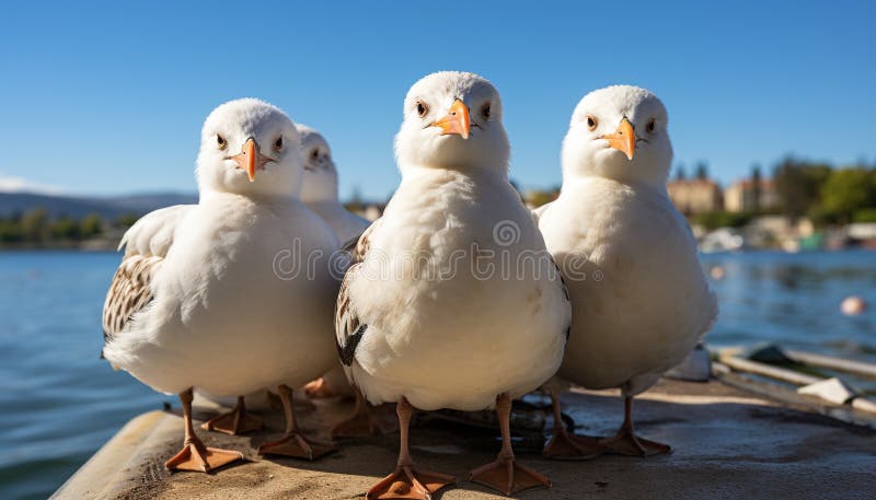 Cute Seagull Looking at Camera, Flying Over Blue Water Generated by AI ...